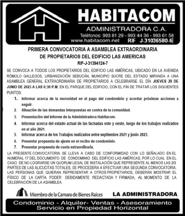 CONVOCATORIA EDIFICIO LAS AMÉRICAS